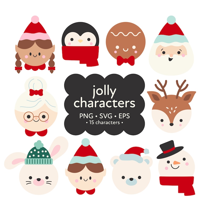 Jolly Christmas Character Svgs: Elf, Santa, Holiday Faces Clipart for ...