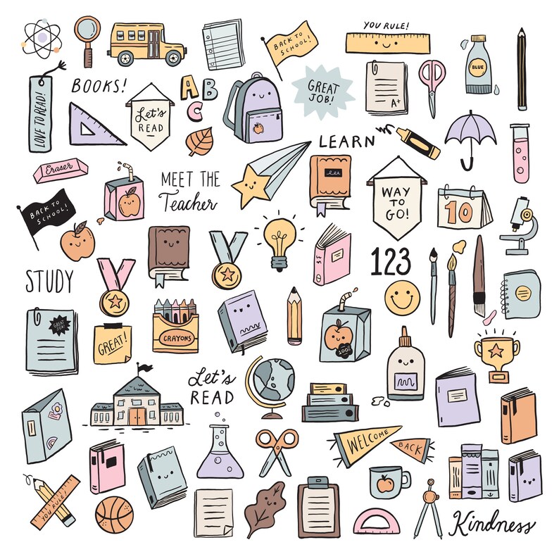 School Doodle Clipart, Back to School, Teacher, Cute Clipart, School ...