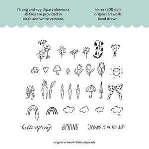 Spring Doodle Clipart, Whimsical Spring SVG Bundle, Spring PNG Line Art ...