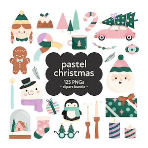 Pastel Christmas Clipart PNG Bundle, Holiday Clipart, Santa, Candy Cane ...