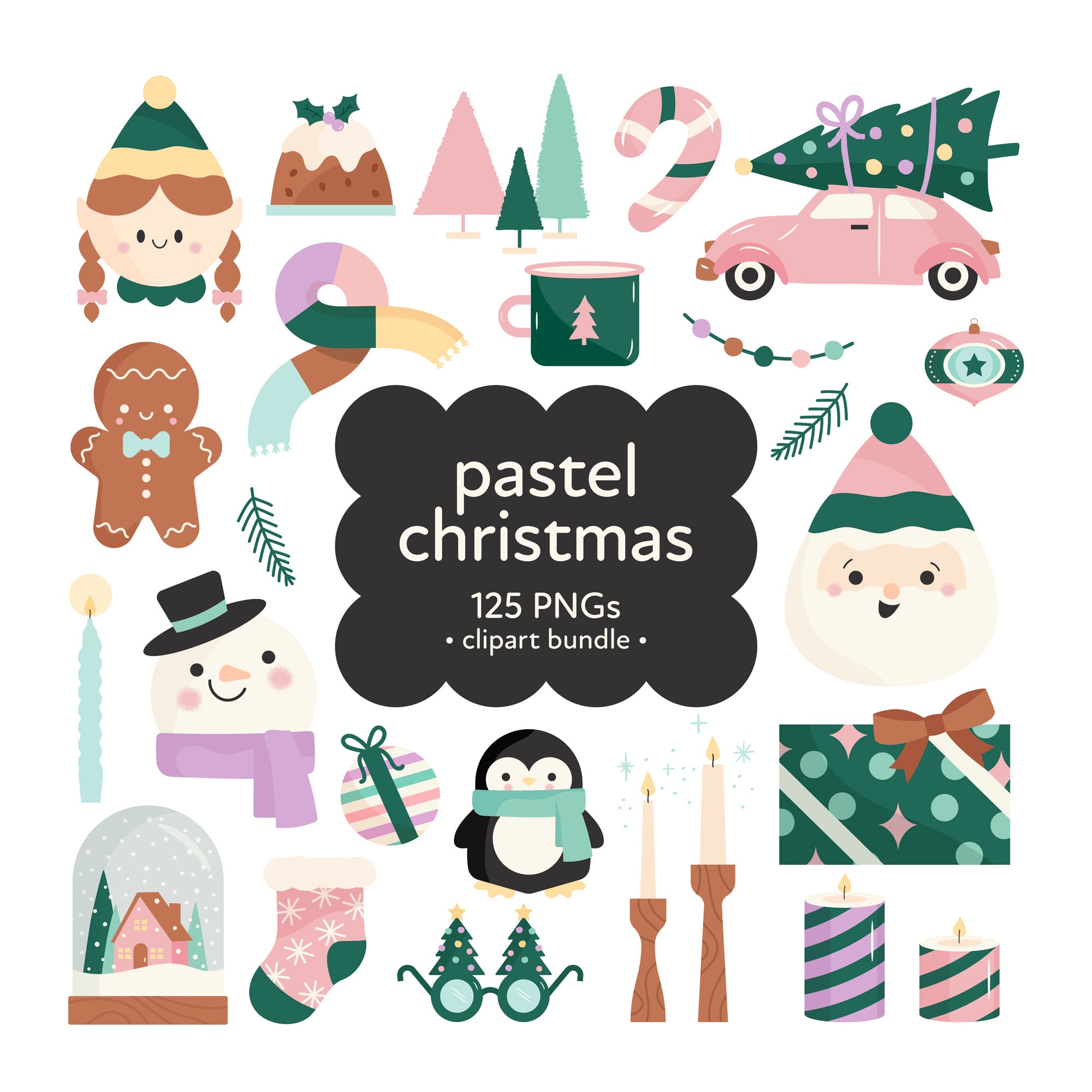 Pastel Christmas Clipart PNG Bundle, Holiday Clipart, Santa, Candy Cane ...