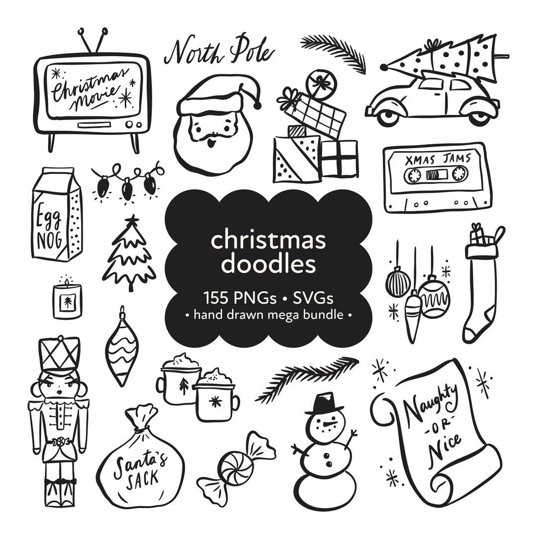 Christmas Doodle Clipart: Hand-drawn Winter Line Art (PNG, SVG) - Etsy
