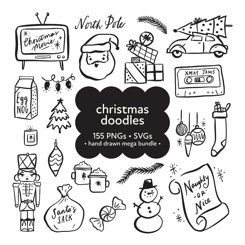 Christmas Doodle Clipart: Hand-drawn Winter Line Art (PNG, SVG) - Etsy
