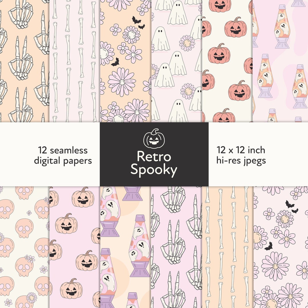 Retro Spooky Halloween Digital Paper, Pastel Halloween Clipart, Daisy ...