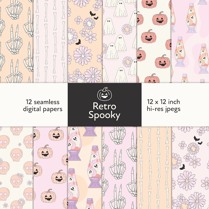 Retro Spooky Halloween Digital Paper, Pastel Halloween Clipart, Daisy ...
