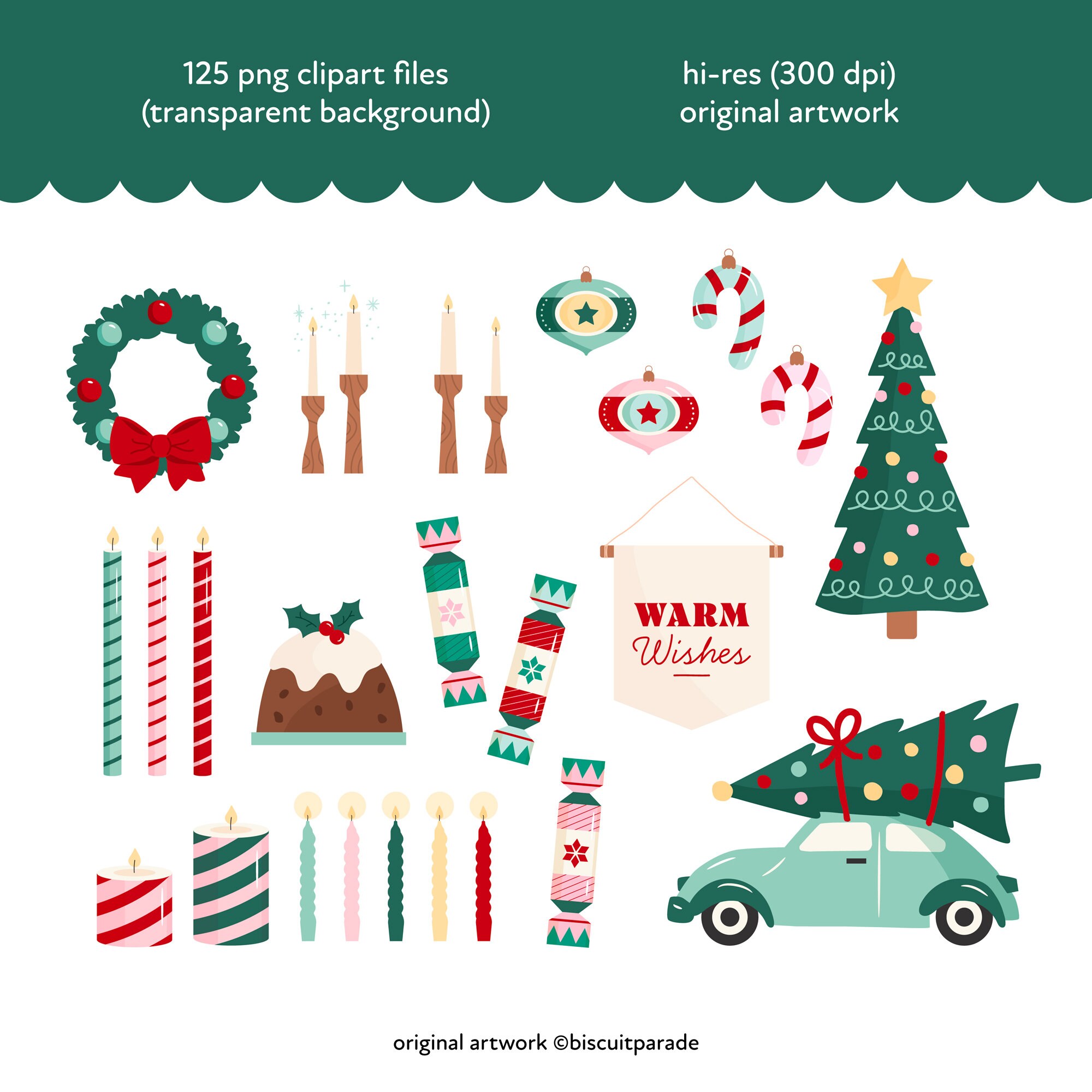 Christmas Clipart Bundle: 125 PNG Graphics - Santa, Snowman, Candy Cane ...
