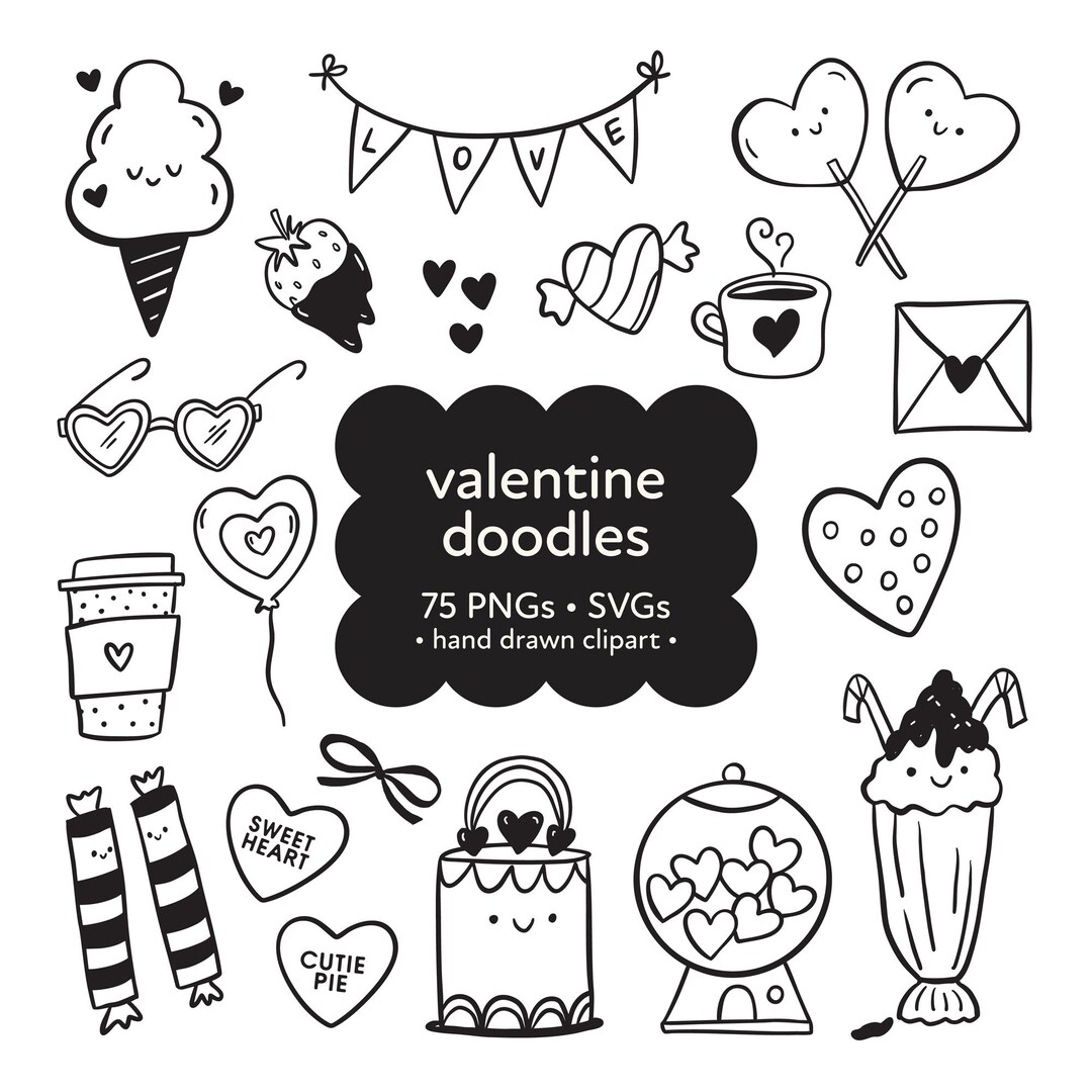 Hand Drawn Valentine's Day Doodle Clipart : Love SVG PNG (75 Elements ...