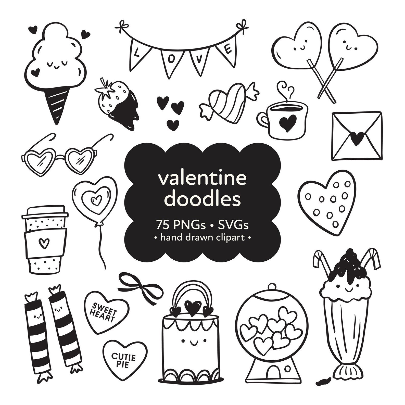 Hand Drawn Valentine's Day Doodle Clipart : Love SVG PNG (75 Elements ...