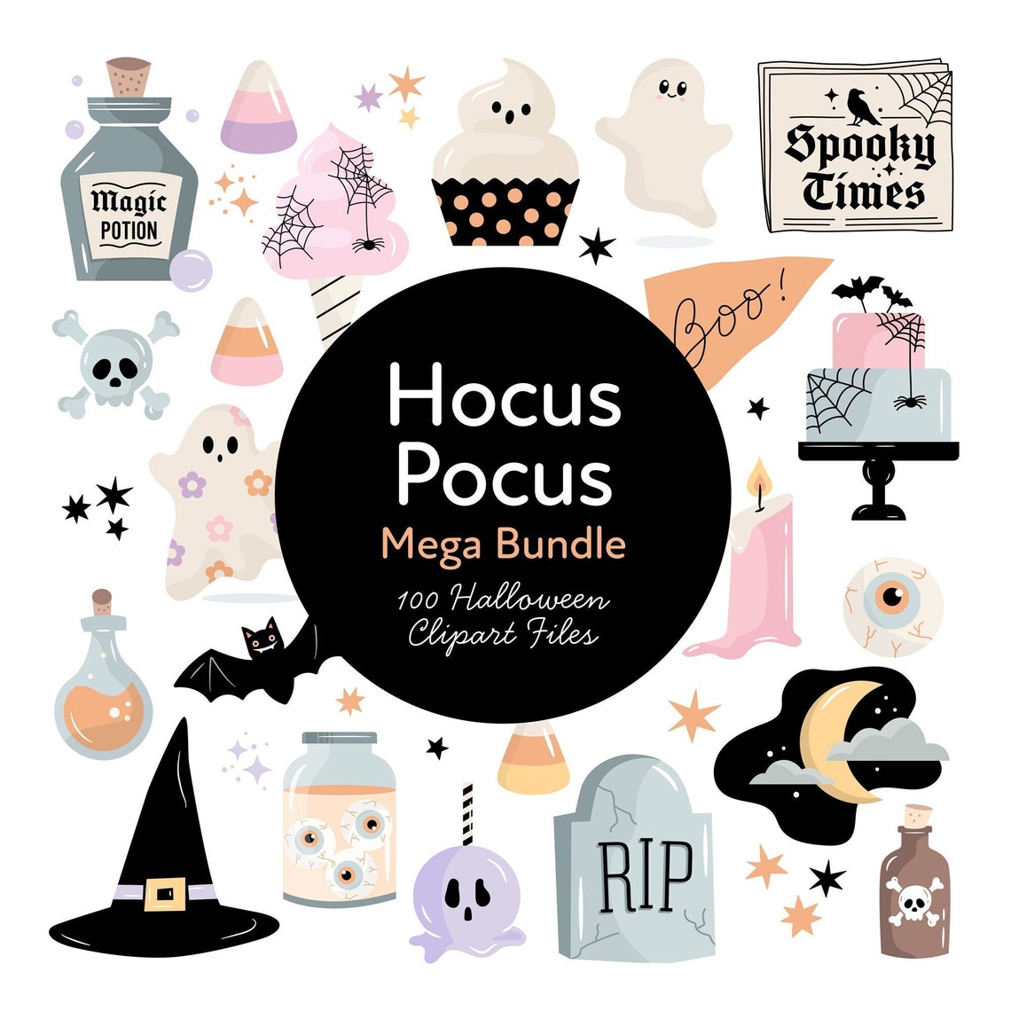 Cute Halloween Clipart, Cute Pastel Halloween Clipart, Pink Clip Art ...