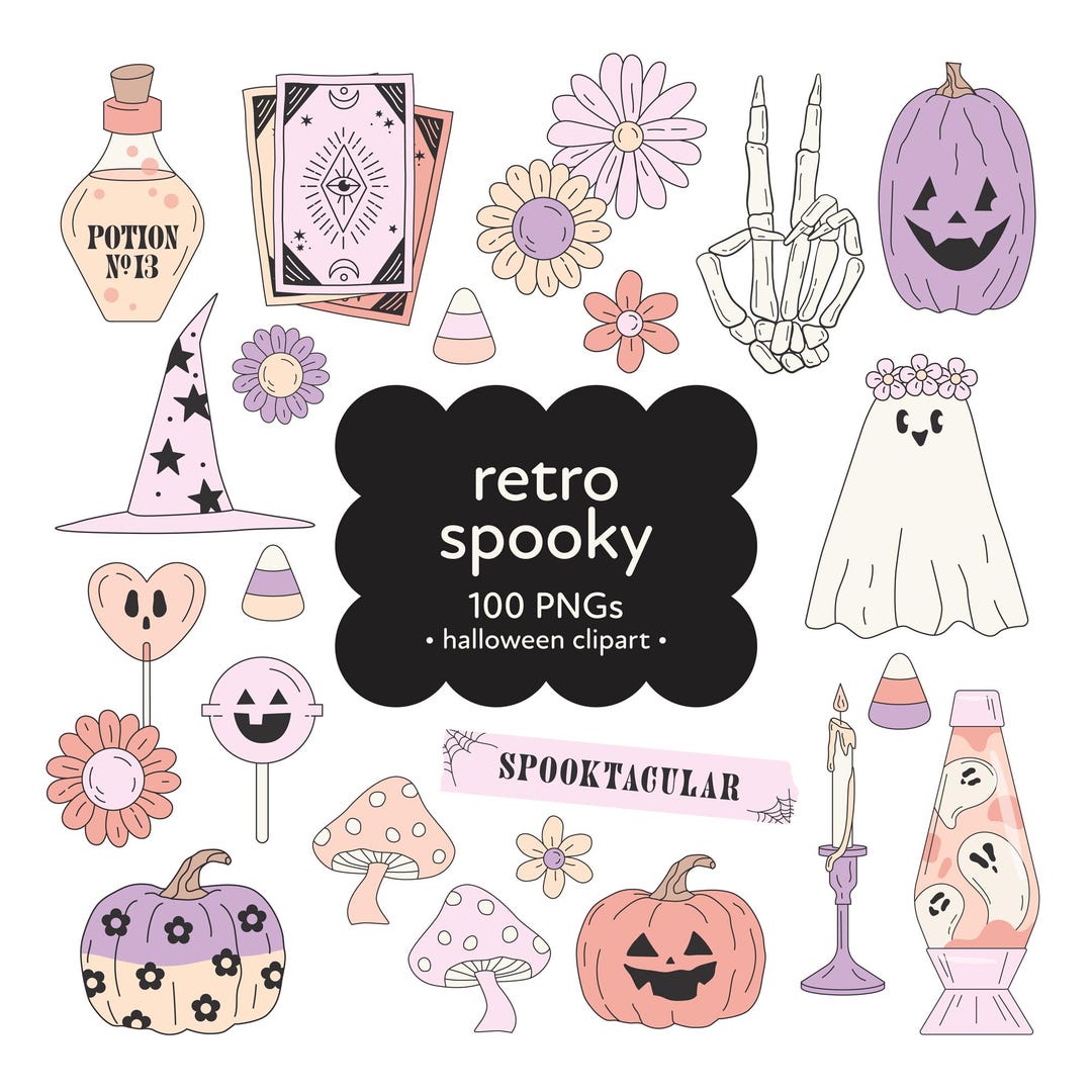 Retro Halloween Clipart: Pastel Ghosts, Bats, Candy Corn (PNG Graphics ...