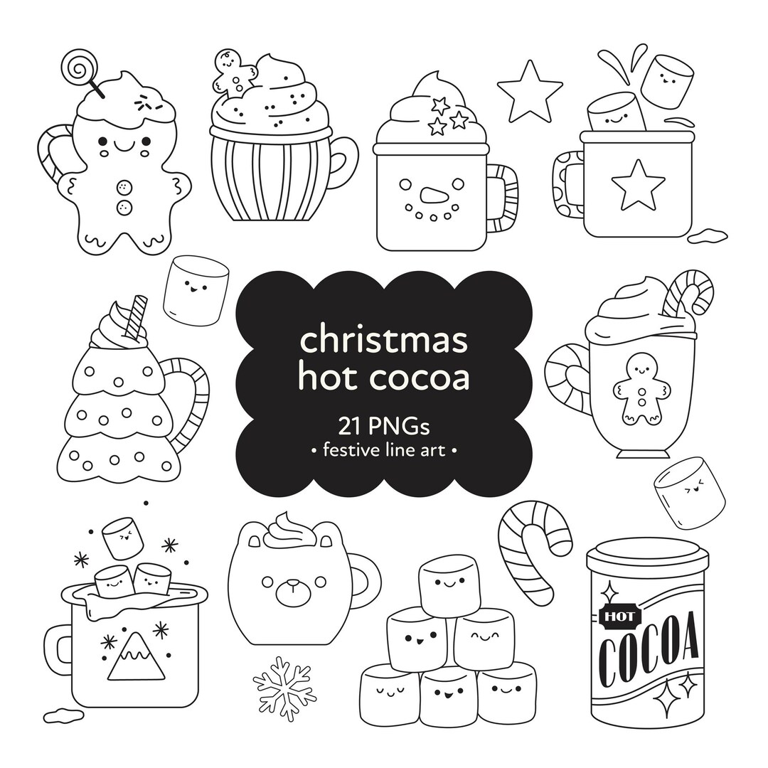 Cute Christmas Hot Cocoa Clipart, Hot Chocolate Line Art, Hot Cocoa ...