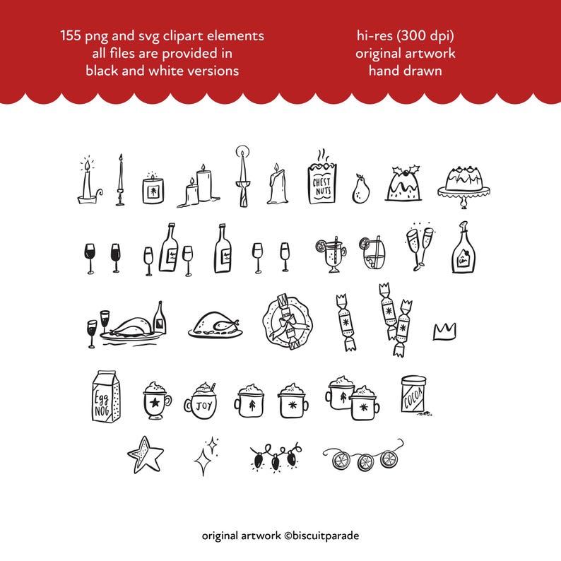 Christmas Doodle Clipart: Hand-drawn Winter Line Art (PNG, SVG) - Etsy