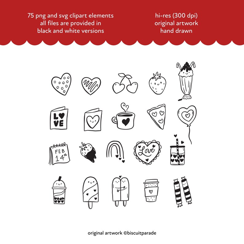 Hand Drawn Valentine's Day Doodle Clipart : Love SVG PNG (75 Elements ...