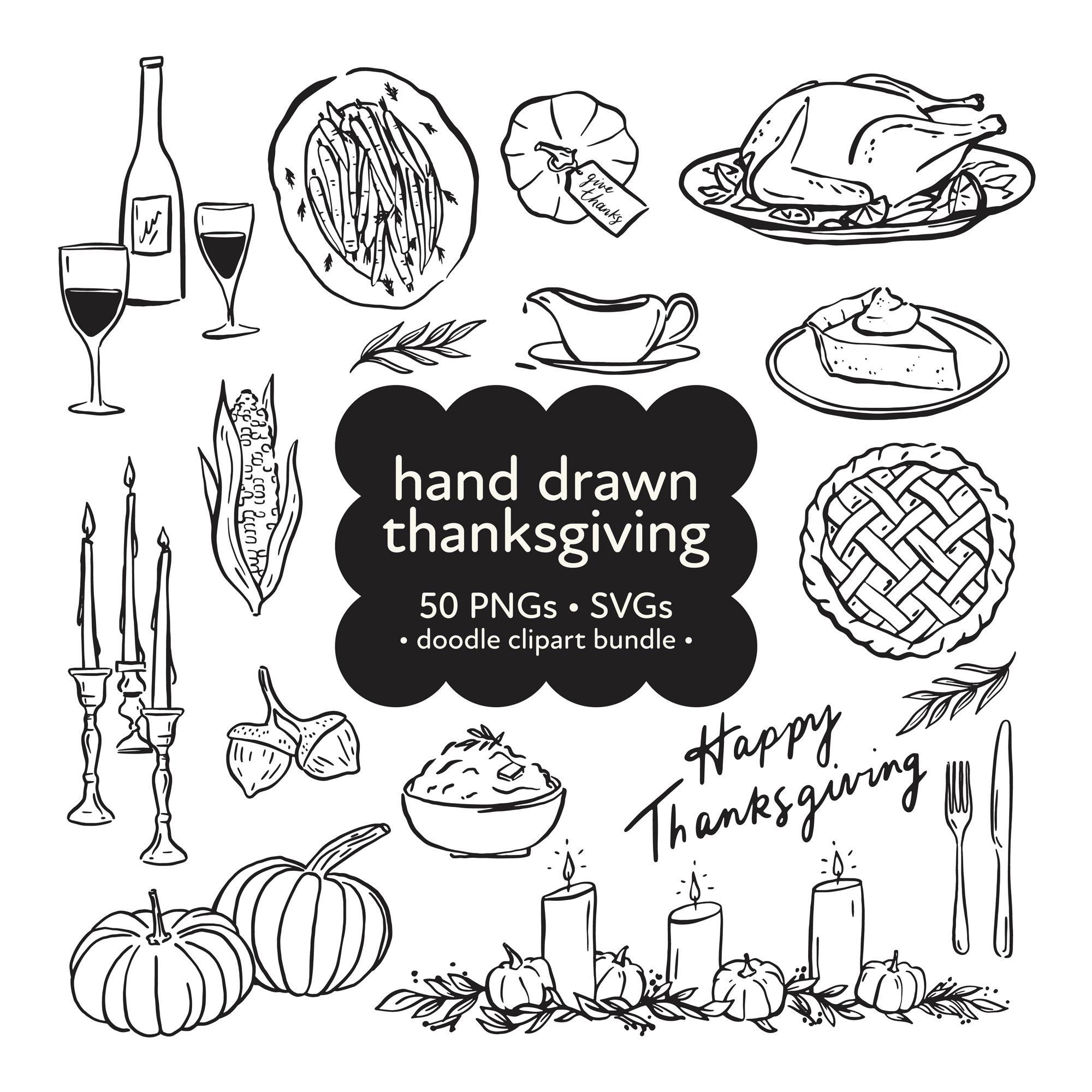 Hand Drawn Thanksgiving Dinner Illustrations, Whimsical Thanksgiving ...