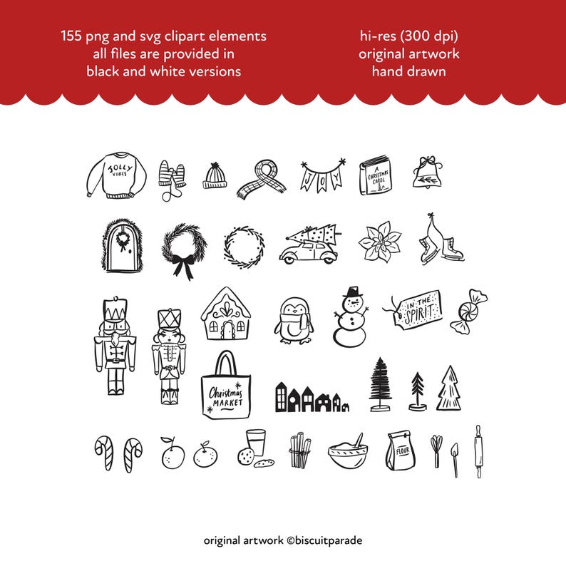 Christmas Doodle Clipart: Hand-drawn Winter Line Art (PNG, SVG) - Etsy