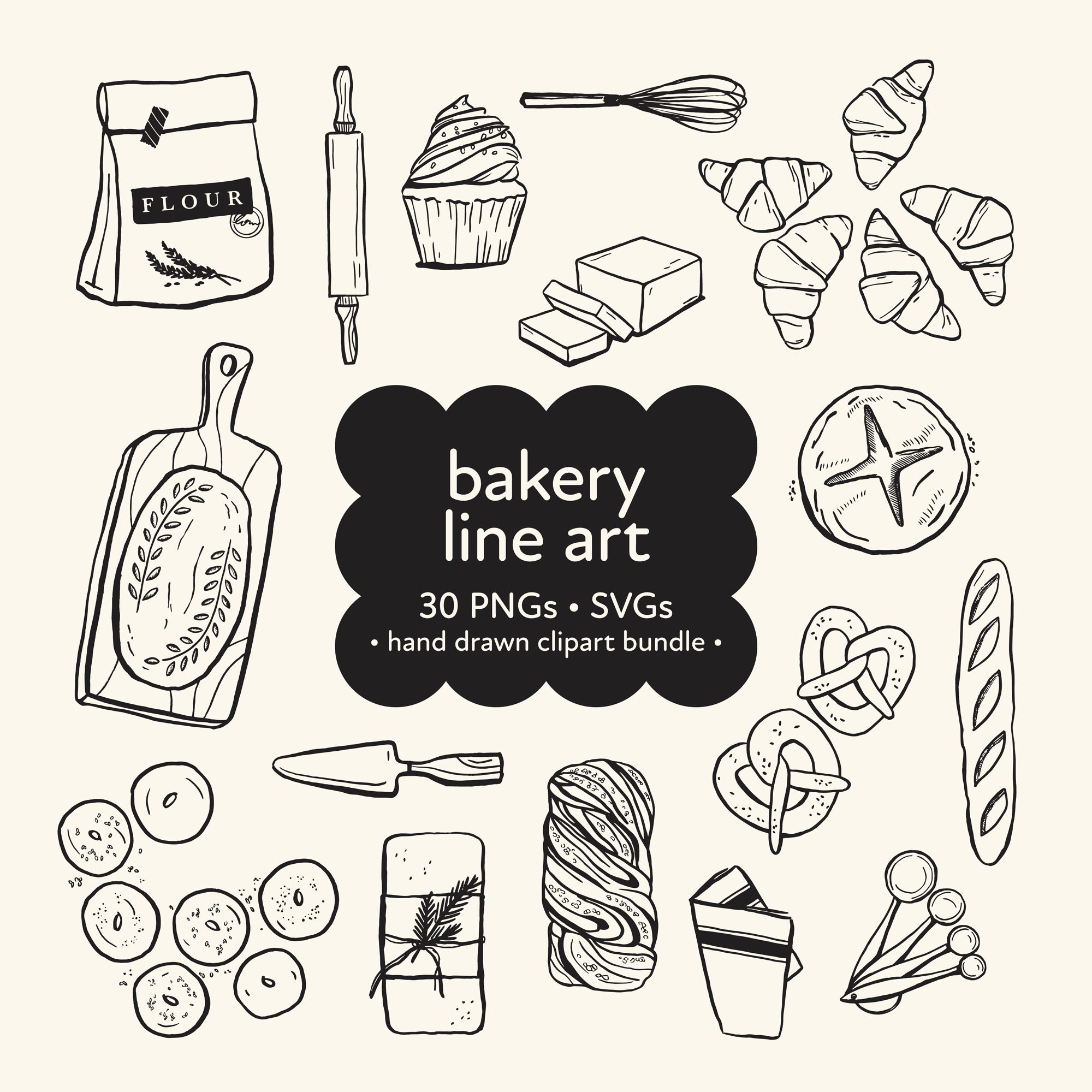 Artisan Bakery Line Art Clipart Bundle, Bakery Line Art PNG, Bakery SVG ...