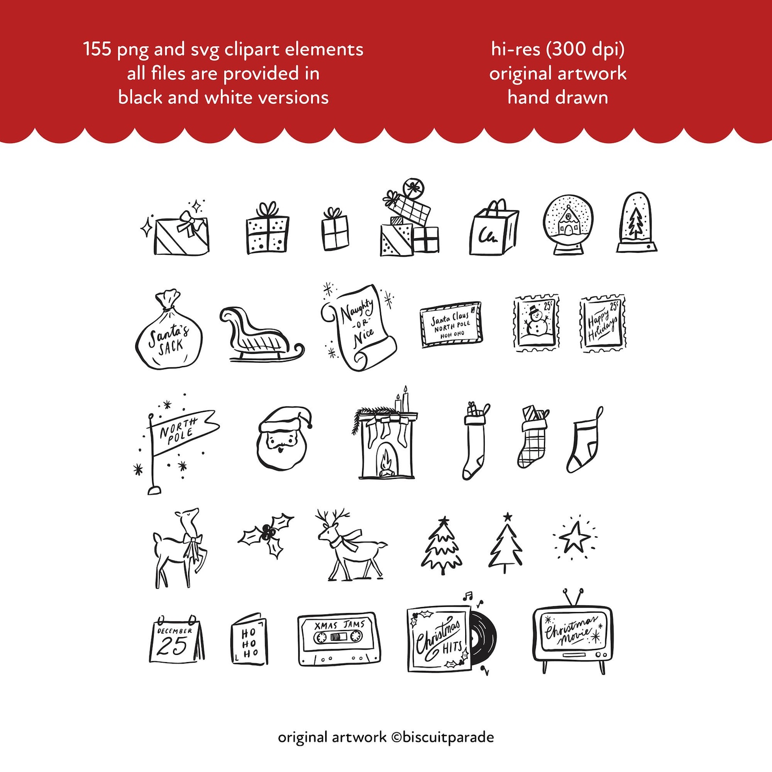 Christmas Doodle Clipart: Hand-drawn Winter Line Art (PNG, SVG) - Etsy