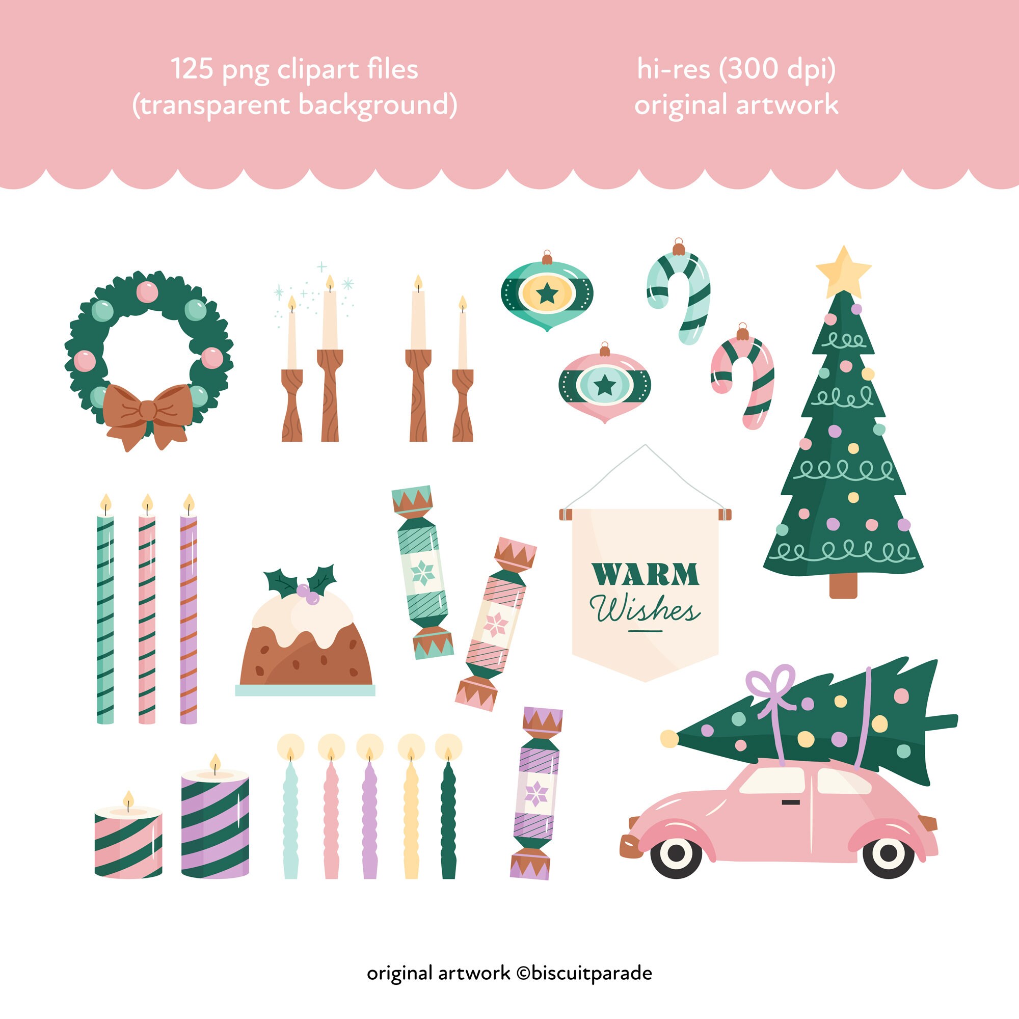Pastel Christmas Clipart PNG Bundle, Holiday Clipart, Santa, Candy Cane ...