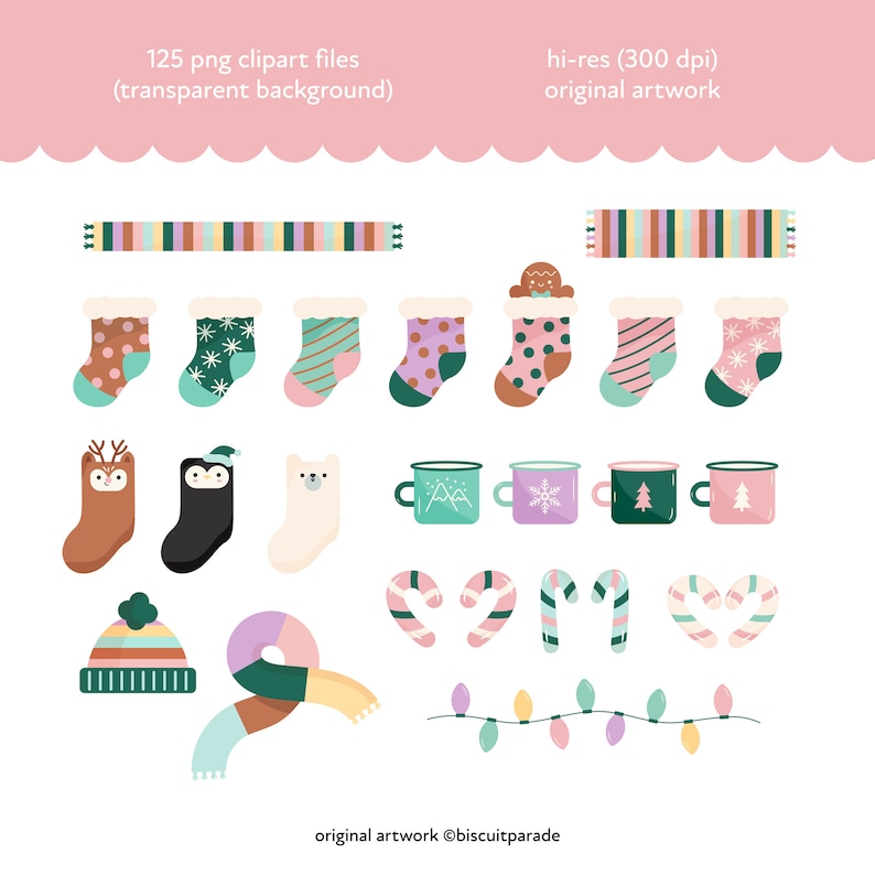 Pastel Christmas Clipart PNG Bundle, Holiday Clipart, Santa, Candy Cane ...