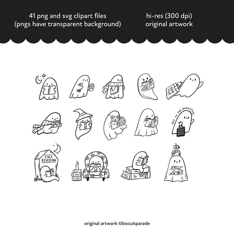 Bookish Ghost Clipart: Halloween PNG, Cozy Reading Art (digital ...