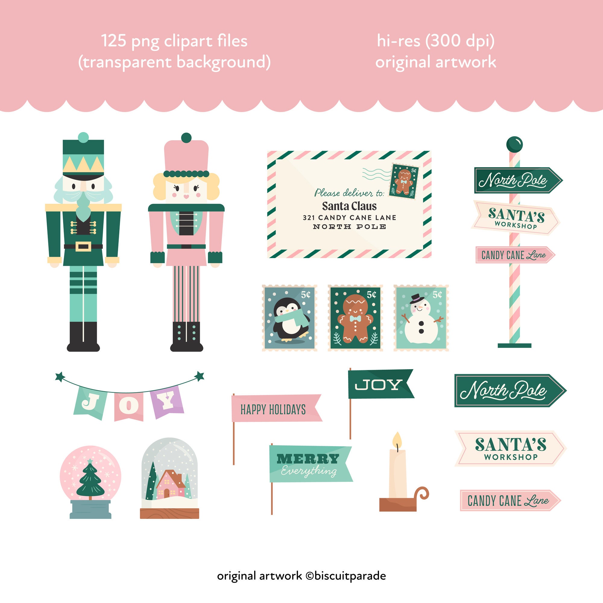 Pastel Christmas Clipart PNG Bundle, Holiday Clipart, Santa, Candy Cane ...