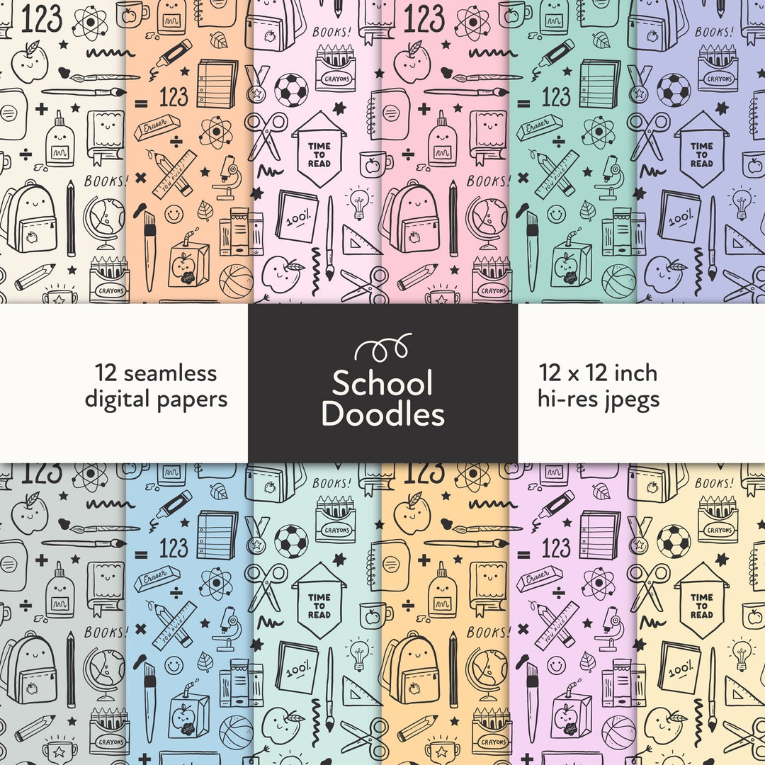 Pastel Back to School Doodle Digital Paper, School Backgrounds, Teacher ...