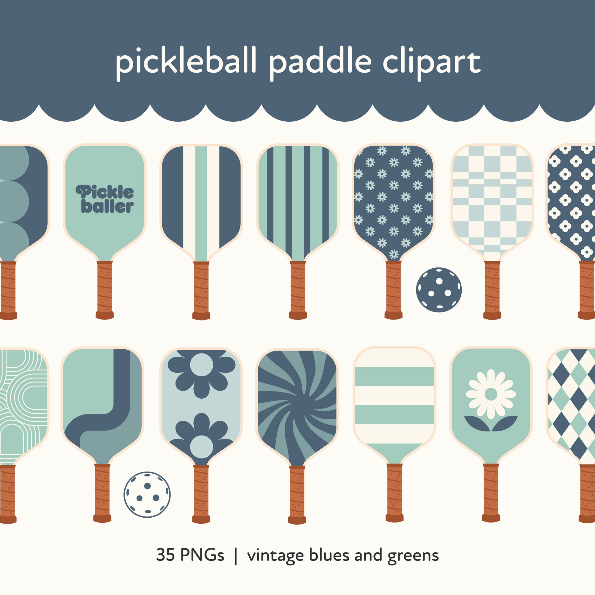 Retro Pickleball Paddle Clipart: Muted Blues & Greens PNG (digital ...