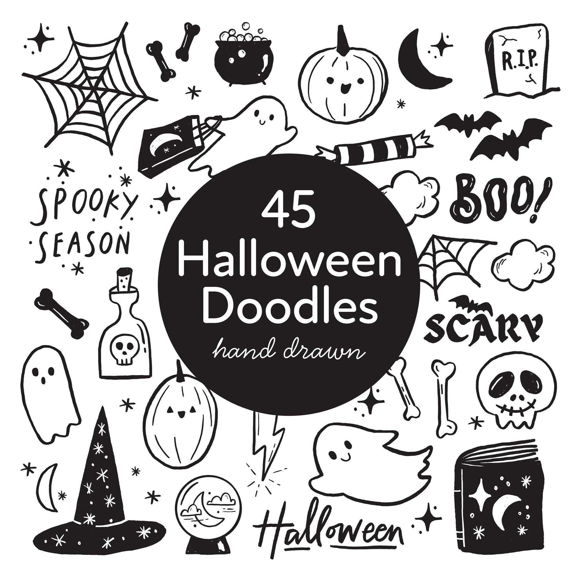 Halloween Clipart Bundle, Doodle, Spooky Cute, Hand Drawn Clip Art ...