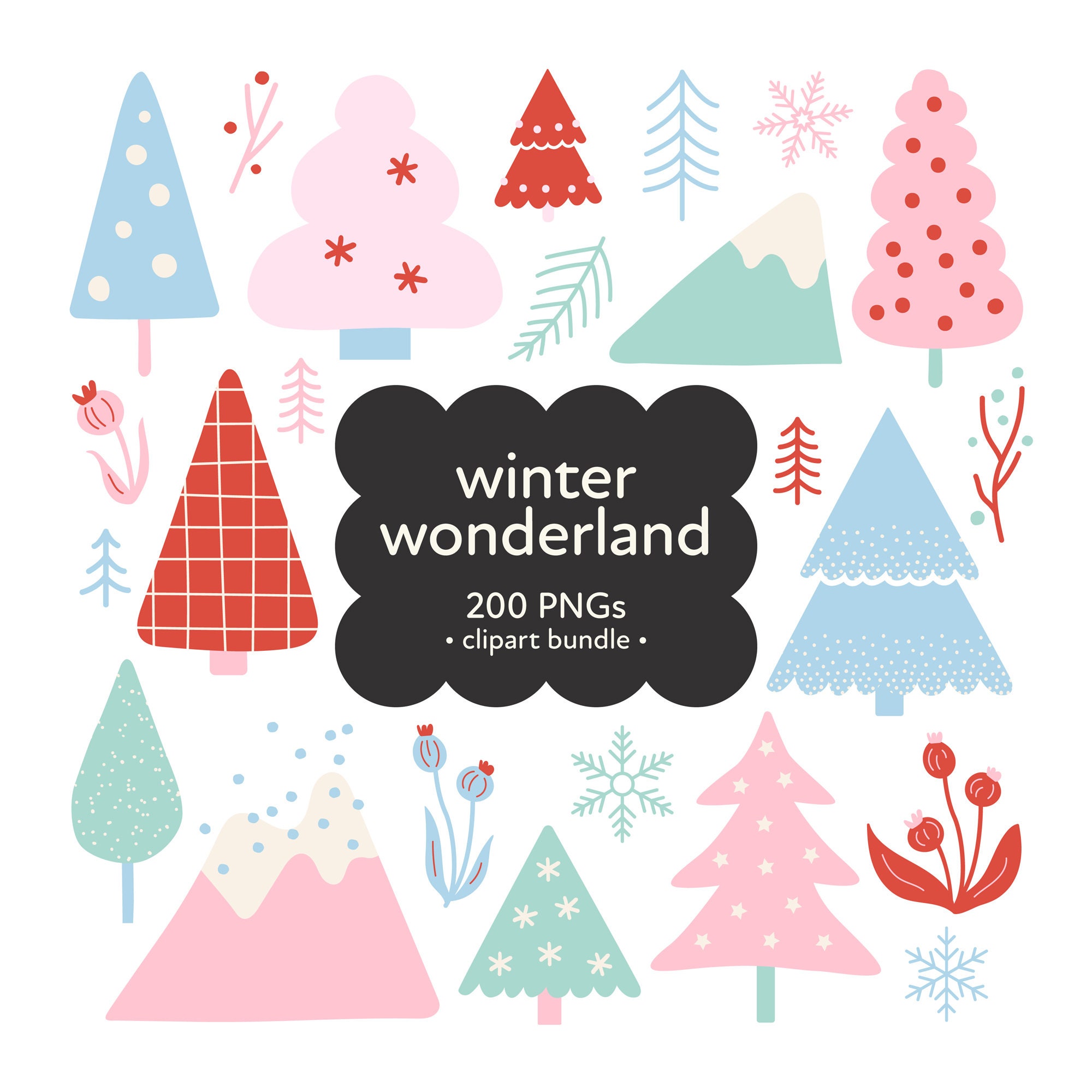 Winter Wonderland Tree PNG Clipart Bundle, Winter Tree Clipart, Hand ...