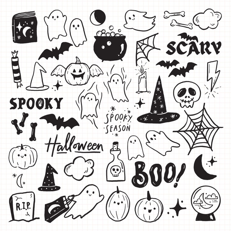 Halloween Clipart Bundle Doodle Spooky Cute Hand Drawn Clip - Etsy