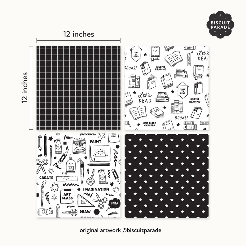 School Doodle Digital Paper: Black and White Seamless Patterns (digital ...