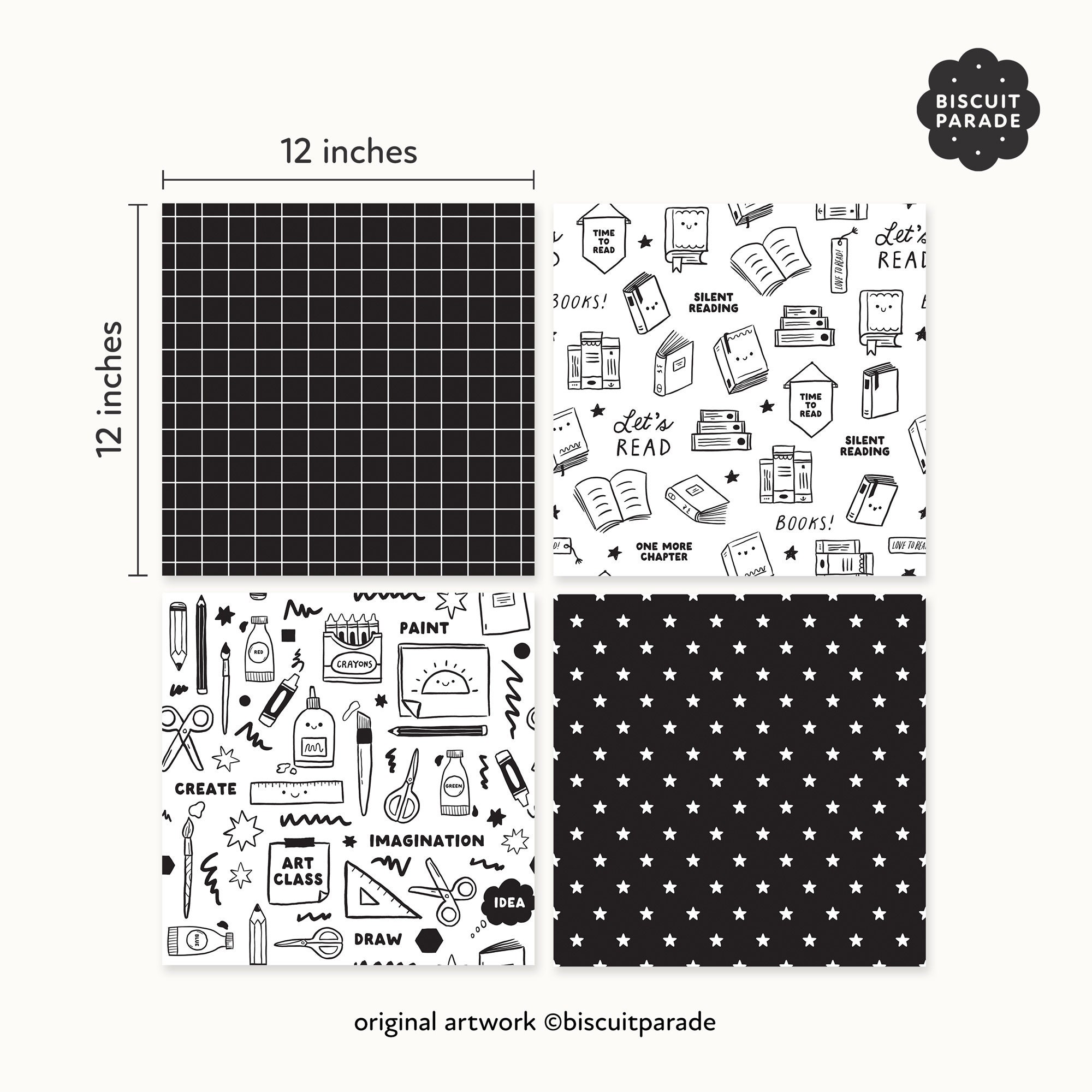 School Doodle Digital Paper: Black and White Seamless Patterns (digital ...
