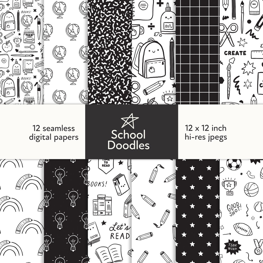 Black and White School Doodle Digital Paper Seamless Pattern Bundle ...