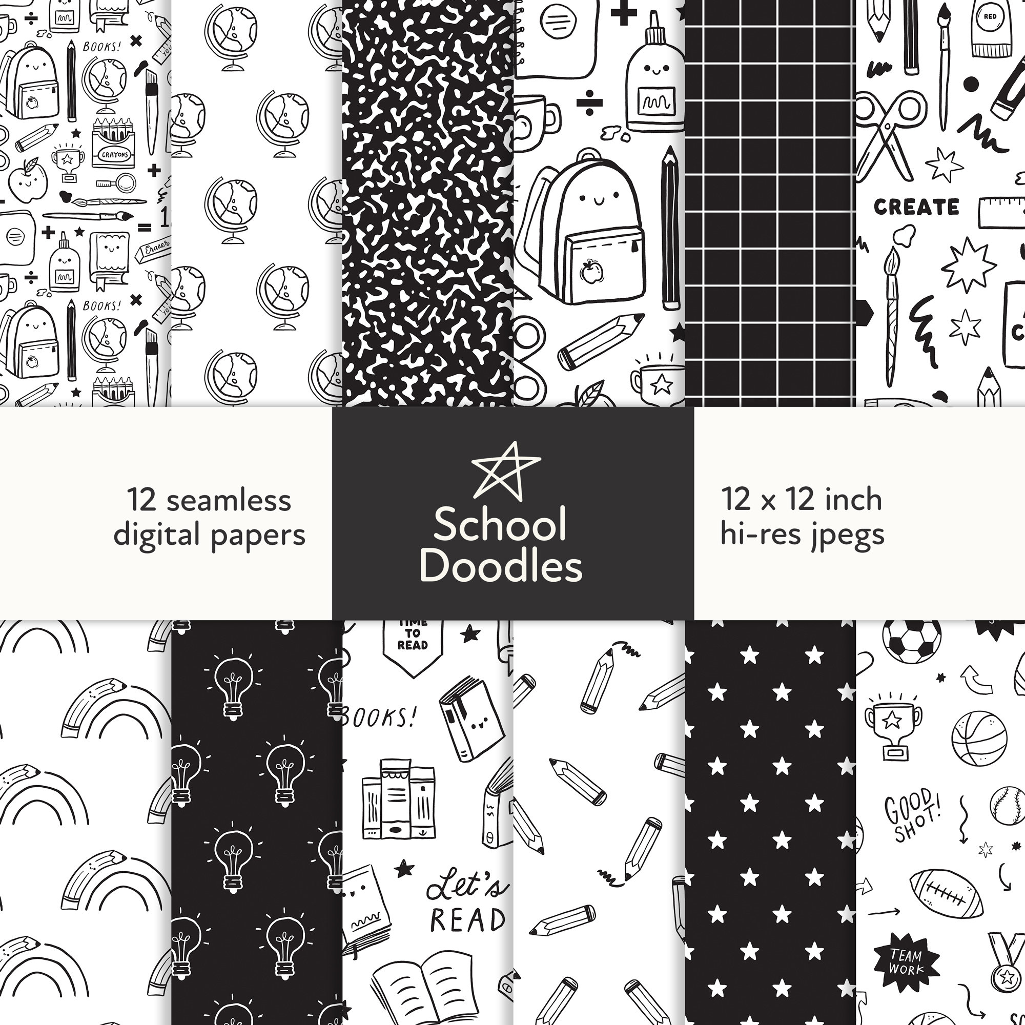 School Doodle Digital Paper: Black and White Seamless Patterns (digital ...