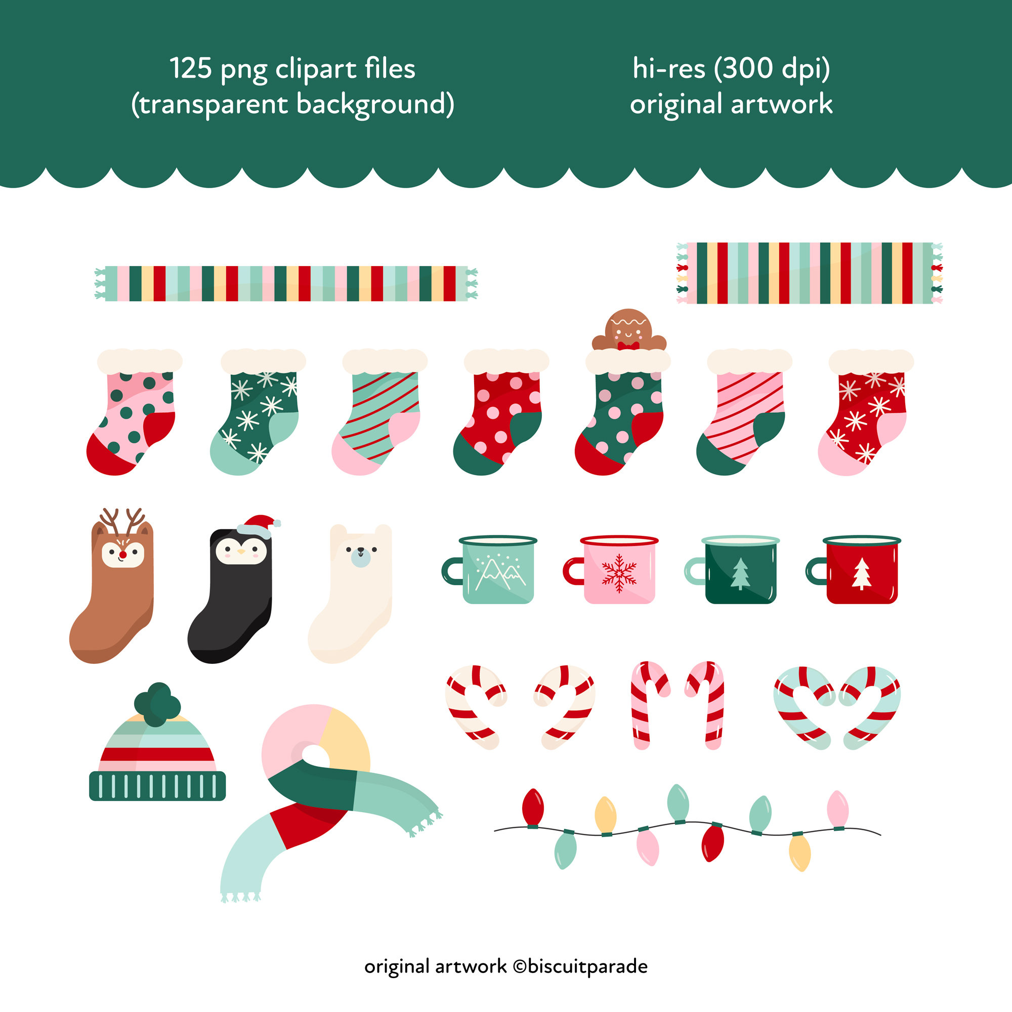 Christmas Clipart Bundle: 125 PNG Graphics - Santa, Snowman, Candy Cane ...