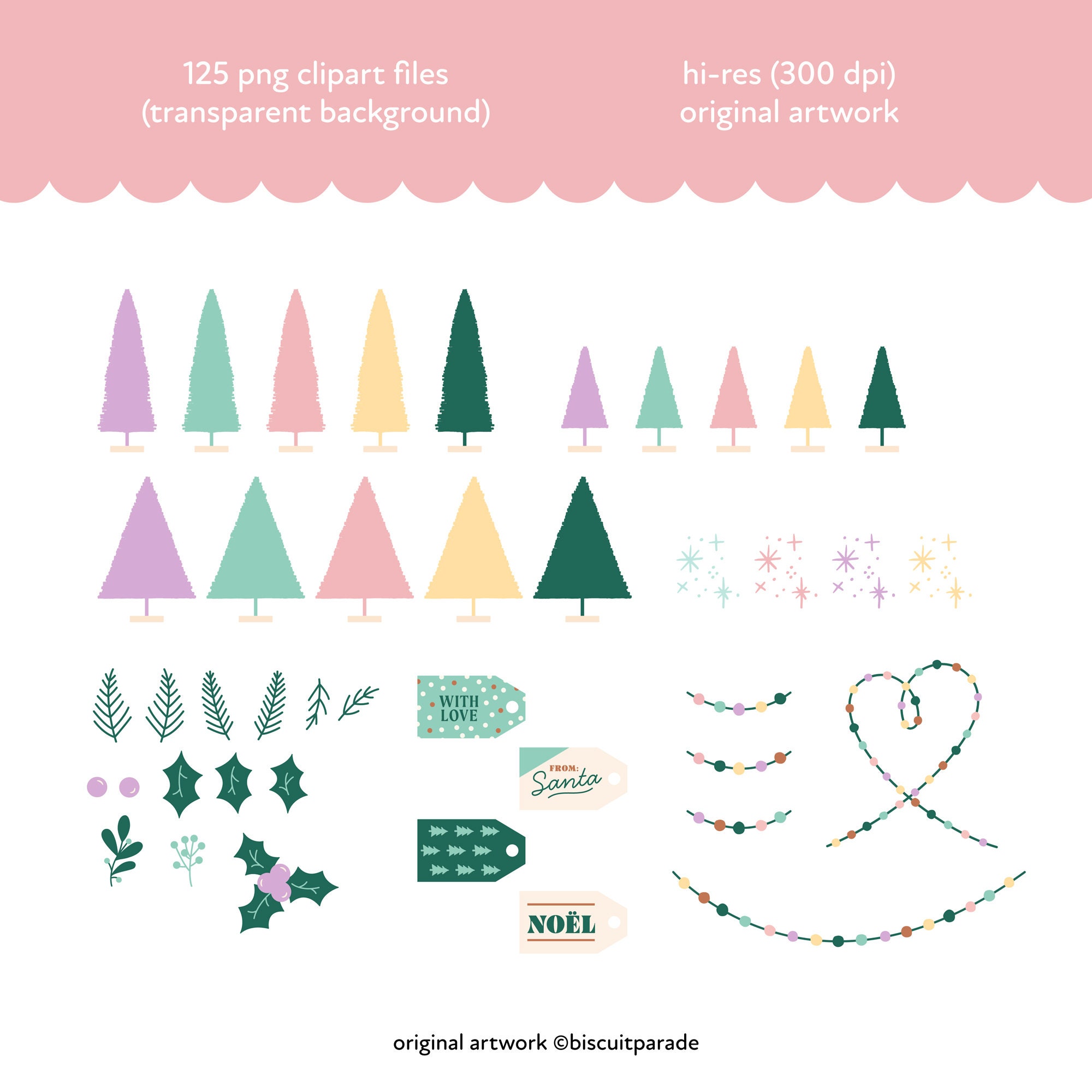 Pastel Christmas Clipart PNG Bundle, Holiday Clipart, Santa, Candy Cane ...