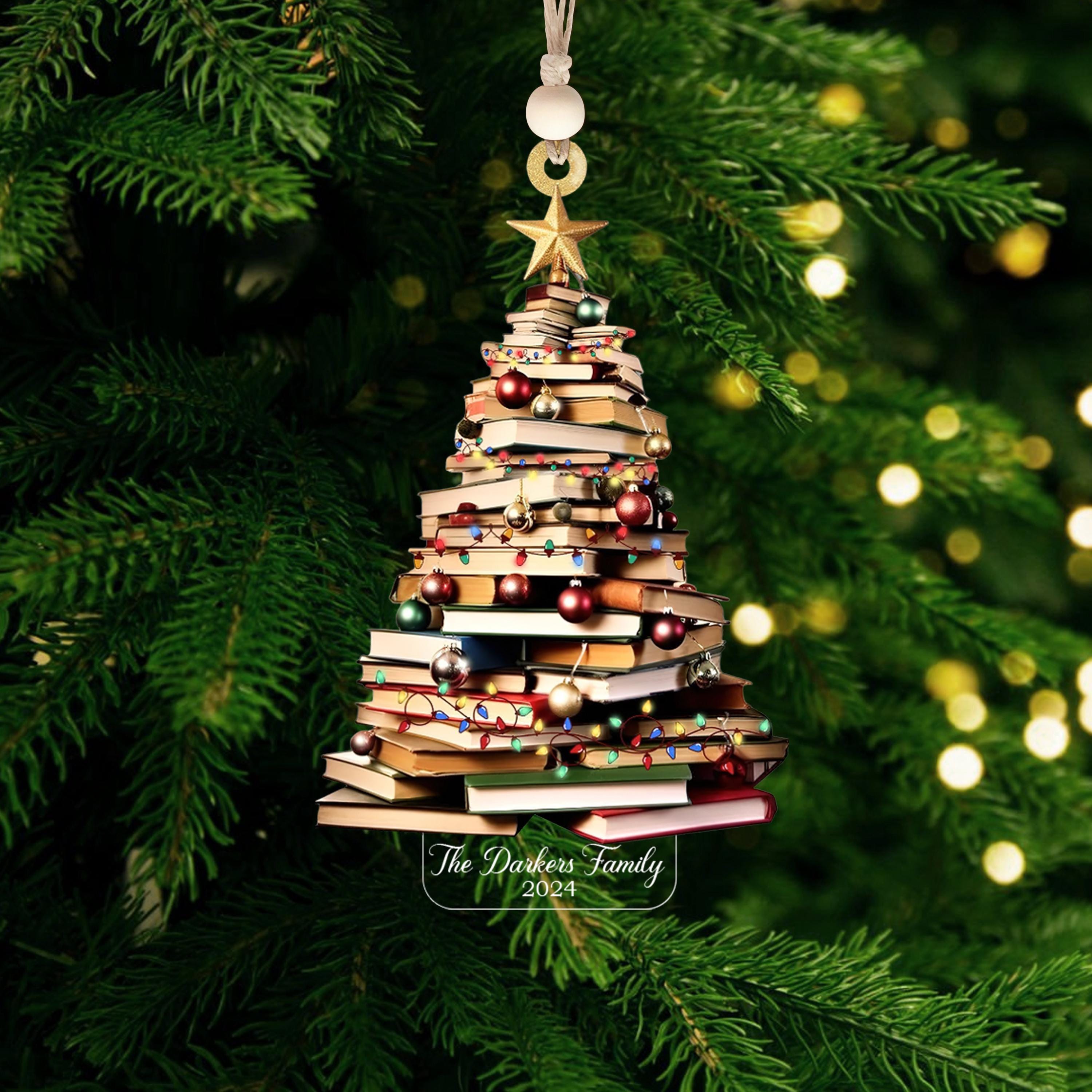 Personalized Christmas Book Tree Name Ornament, Custom Bookish Ornament ...