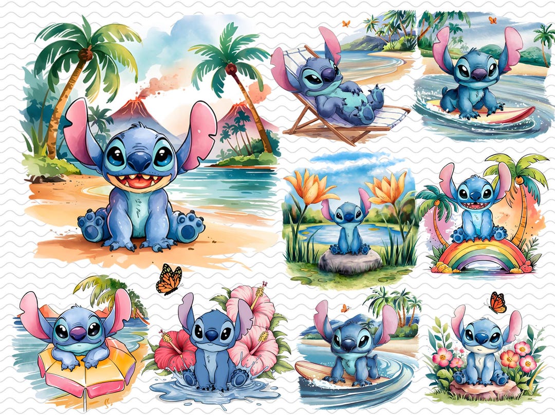 Cute Stitch Beach Png Bundle, Summer Cartoon Character PNG, Tropical ...