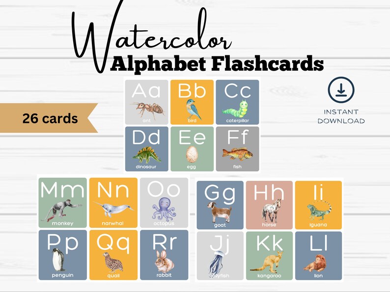 Watercolor Alphabet Flashcards, Printable ABC Flashcards With ...