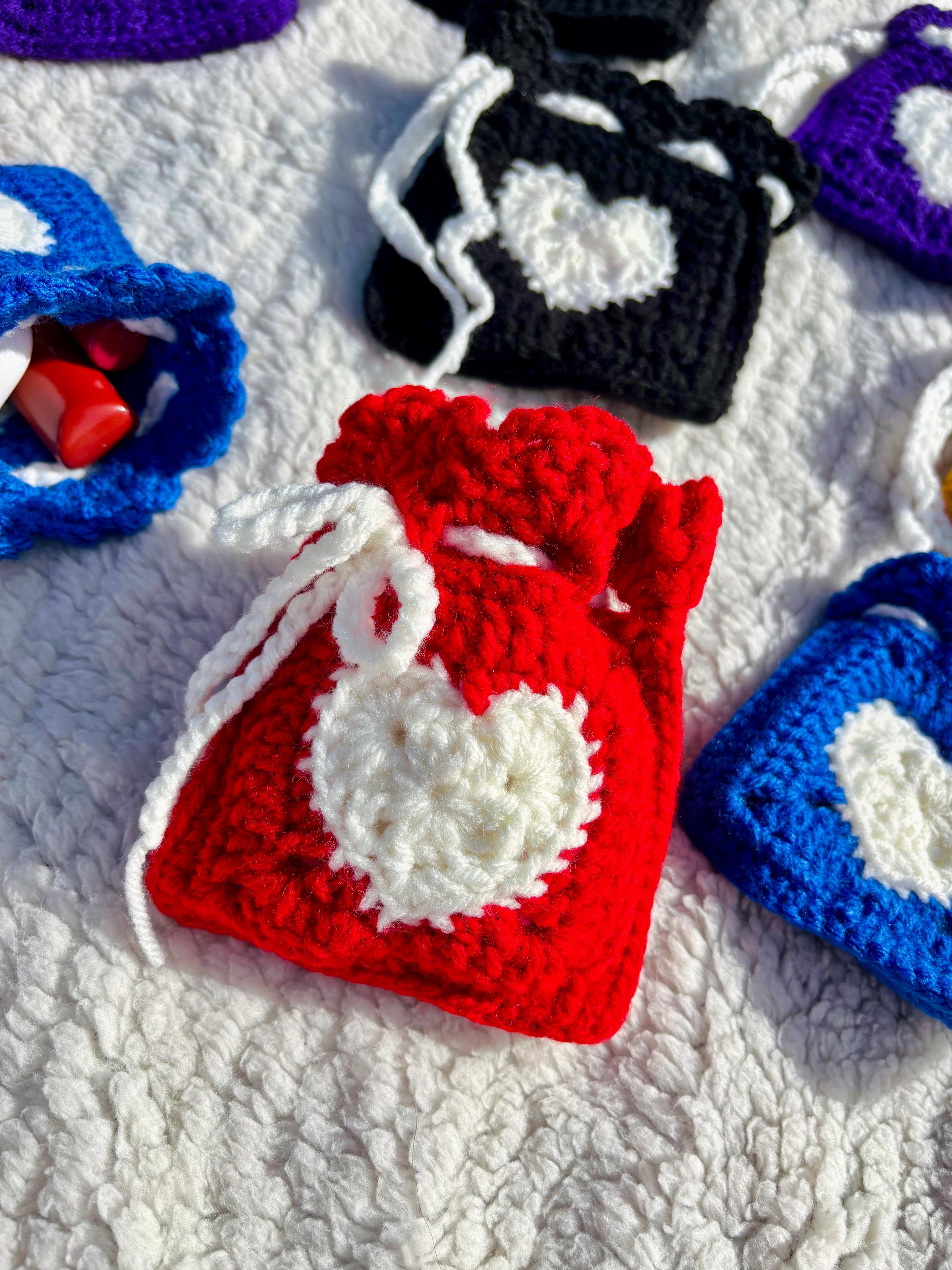 Crochet Heart Pouch | Granny Square Drawstring Pouch | Mini Heart Bag ...