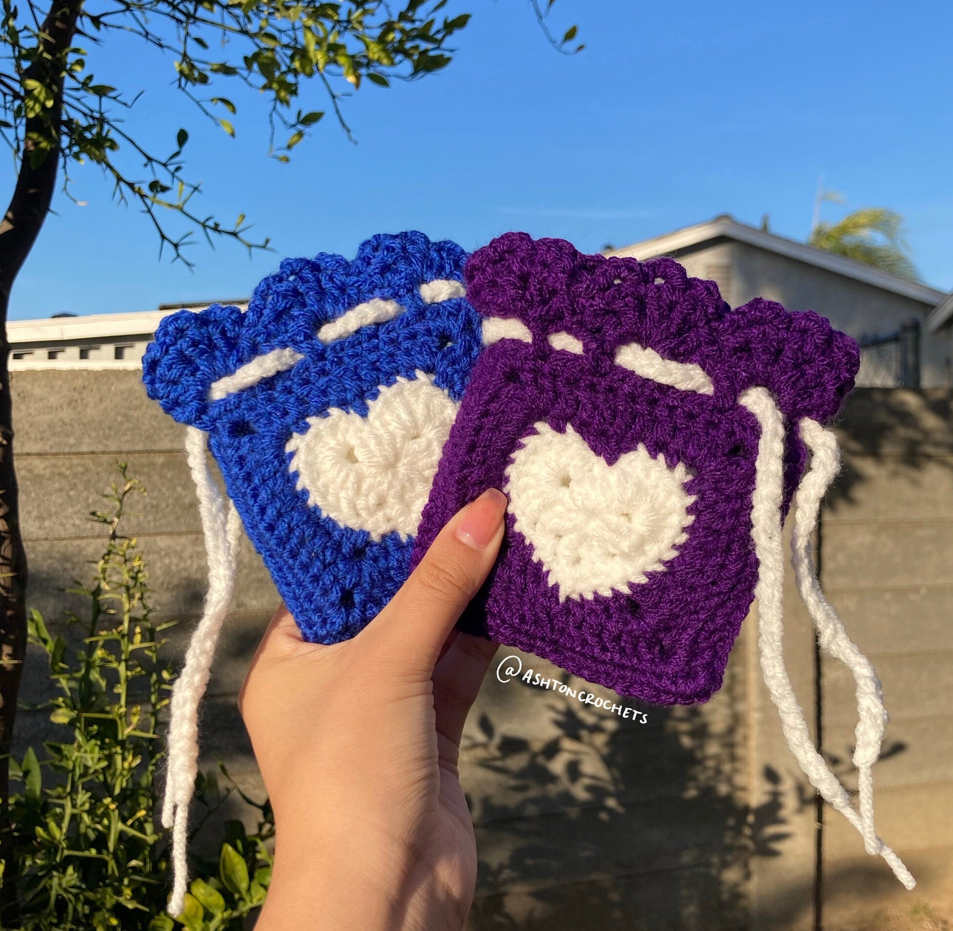Crochet Heart Pouch | Granny Square Drawstring Pouch | Mini Heart Bag ...