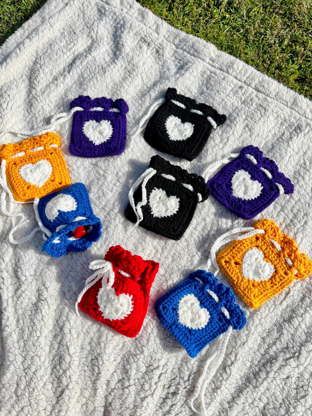 Crochet Heart Pouch | Granny Square Drawstring Pouch | Mini Heart Bag ...