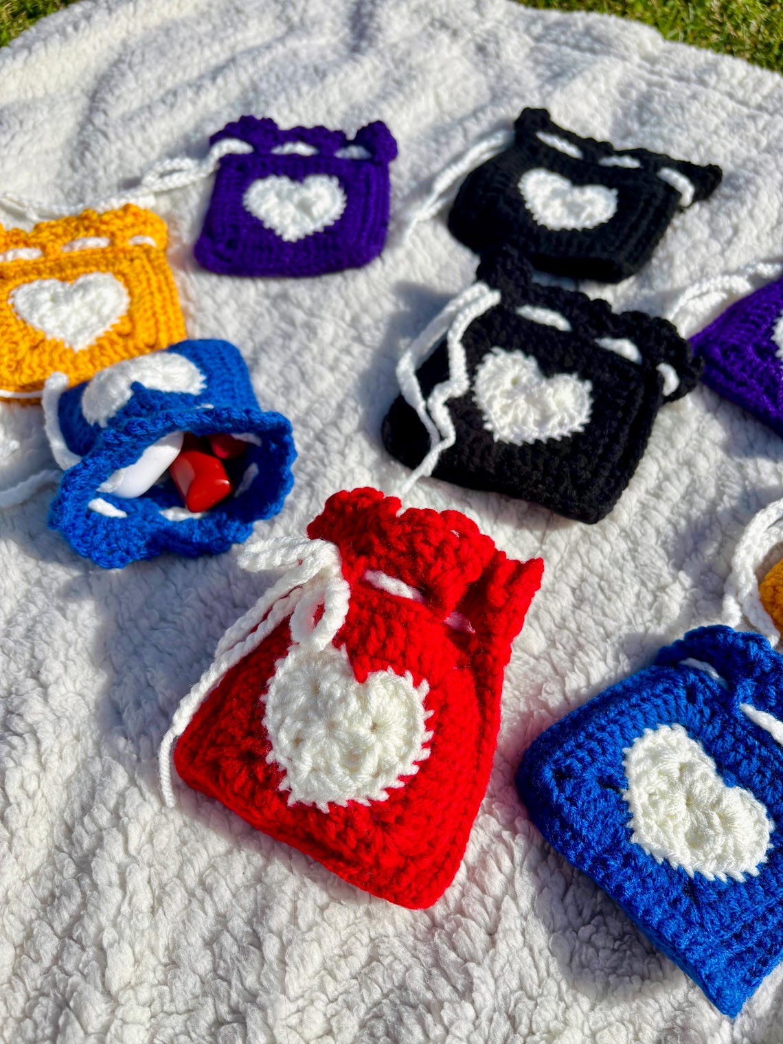 Crochet Heart Pouch | Granny Square Drawstring Pouch | Mini Heart Bag ...