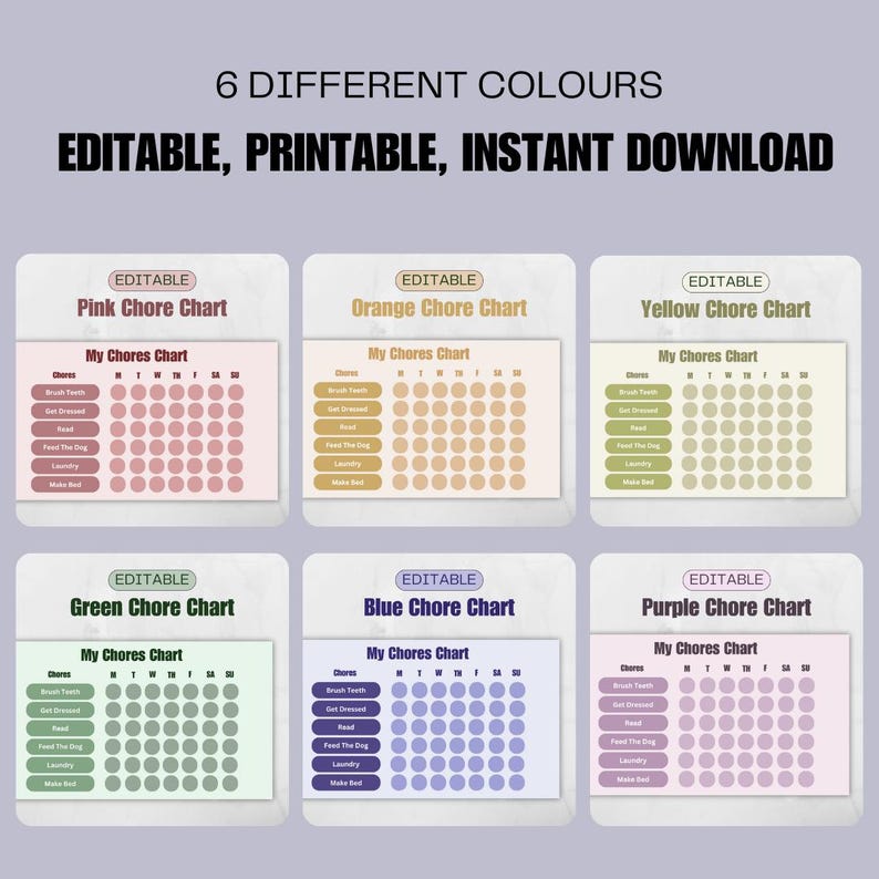 Minimalist Editable Kids Chore Chart | 6 Color Options | Canva Template ...