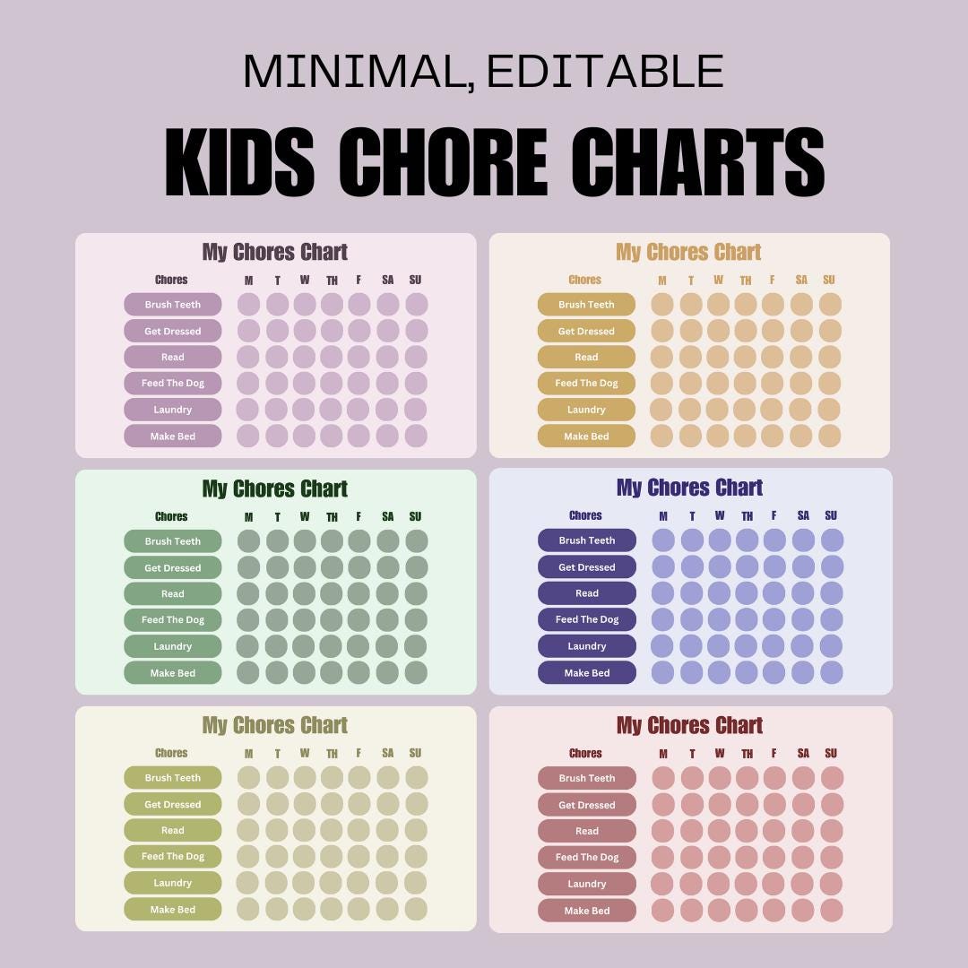 Minimalist Editable Kids Chore Chart | 6 Color Options | Canva Template ...