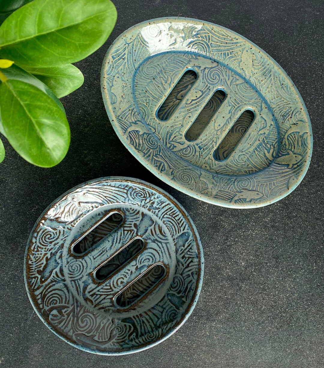 Fish Textured Soap Dish Self-draining Ceramic Soap Dish Sponge Holder ...