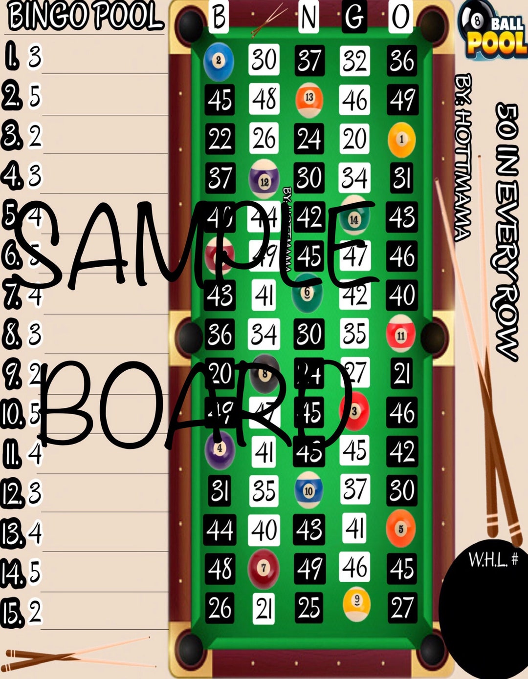 50 in Every Row Pool Table Bingo Board - Etsy