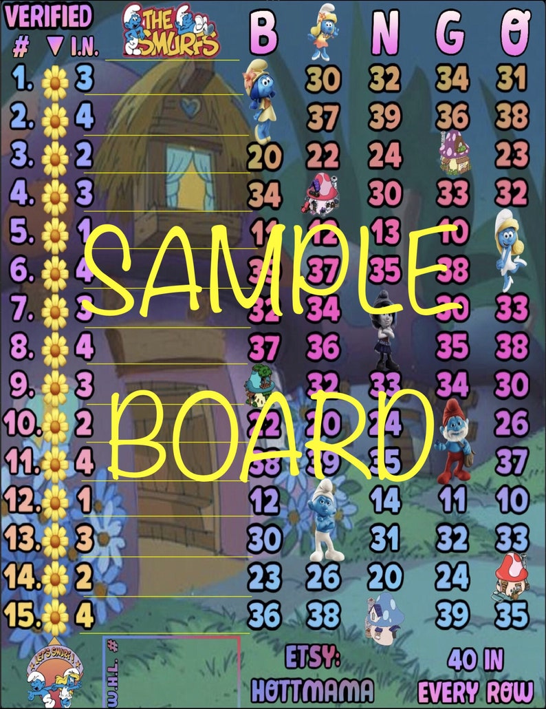 40 in Every Row Smurfs Bingo Board - Etsy