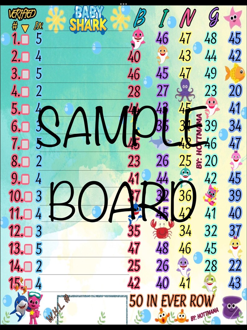 50 in Every Row Baby Shark Bingo Board - Etsy