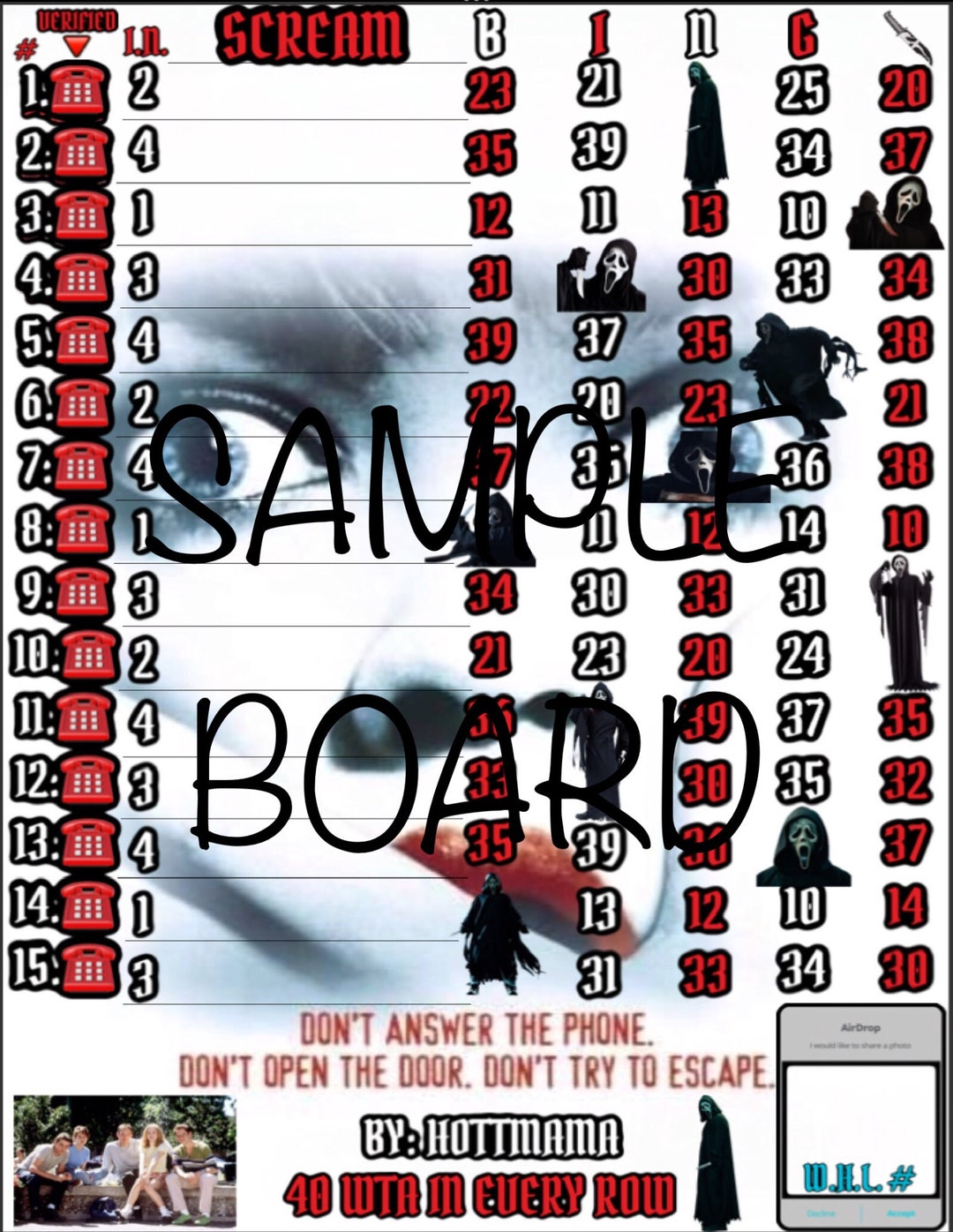 40 in Every Row Scream Bingo Board - Etsy